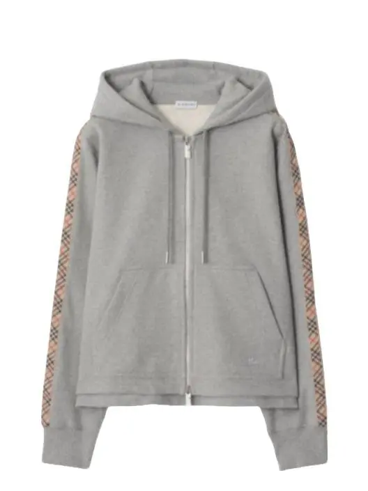 Burberry Check-band Zip-up Drawstring Hoodie - Light Gray