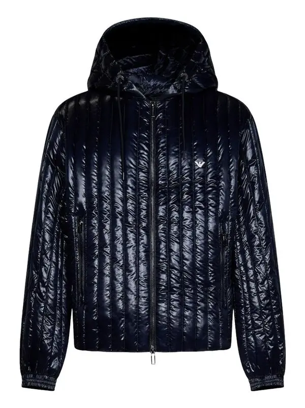 Emporio Armani Logo Embroidered Quilted Hooded Jacket - Black