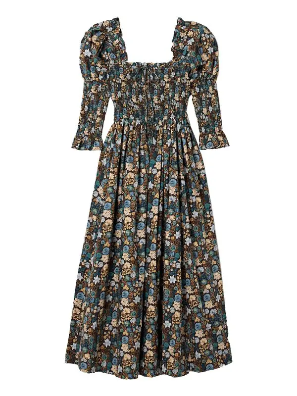DÔEN Floral Square Neck Midi Dress - Black