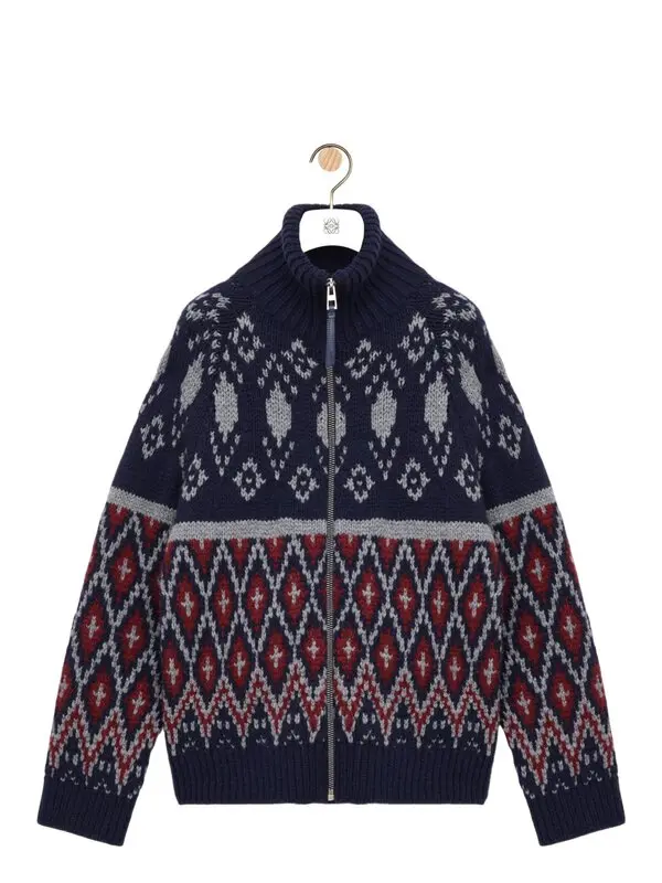 Loewe Geometric Jacquard Zip-up Cardigan - Navy Blue/gray