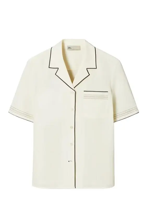 Tory Burch Linen Camp Shirt With Contrast Stitching - White