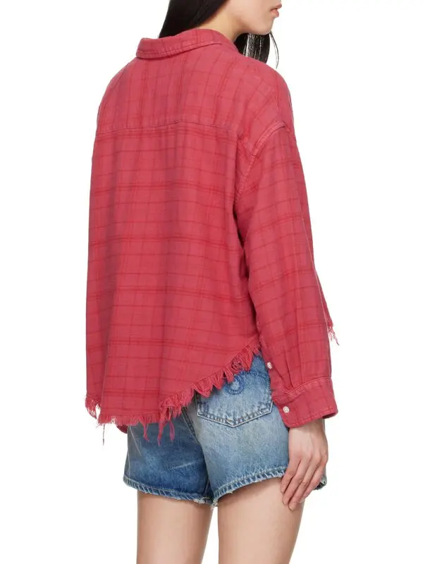 R13 Plaid Cropped Shirt With Frayed Hem - Overdyed Fuxia Plaid