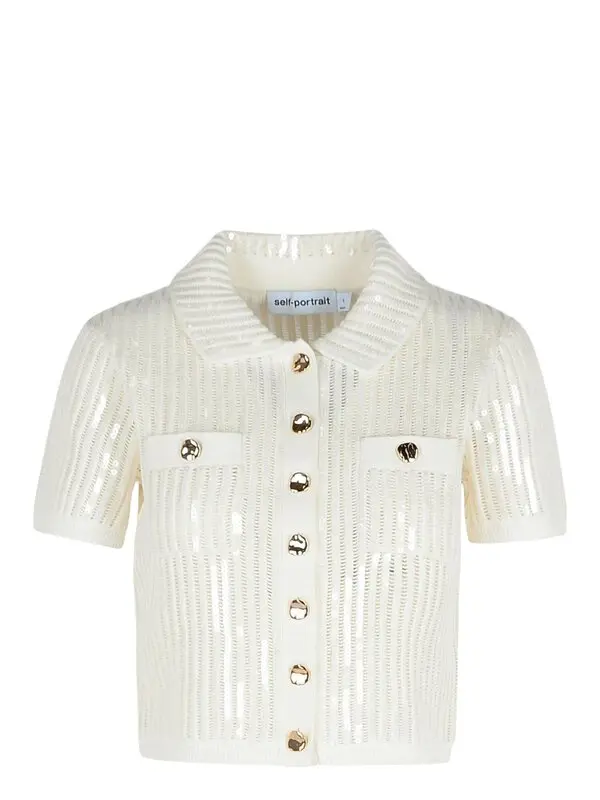 SELF-PORTRAIT Sequined Crochet Cropped Cardigan - White