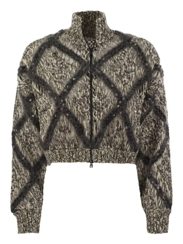 Brunello Cucinelli Zip-up Sequin Embellished Knit Cardigan - Grey