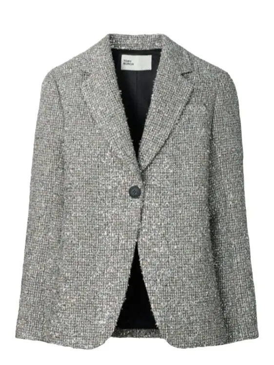 Tory Burch Tweed Blazer With Notched Lapel - Metallic Silver