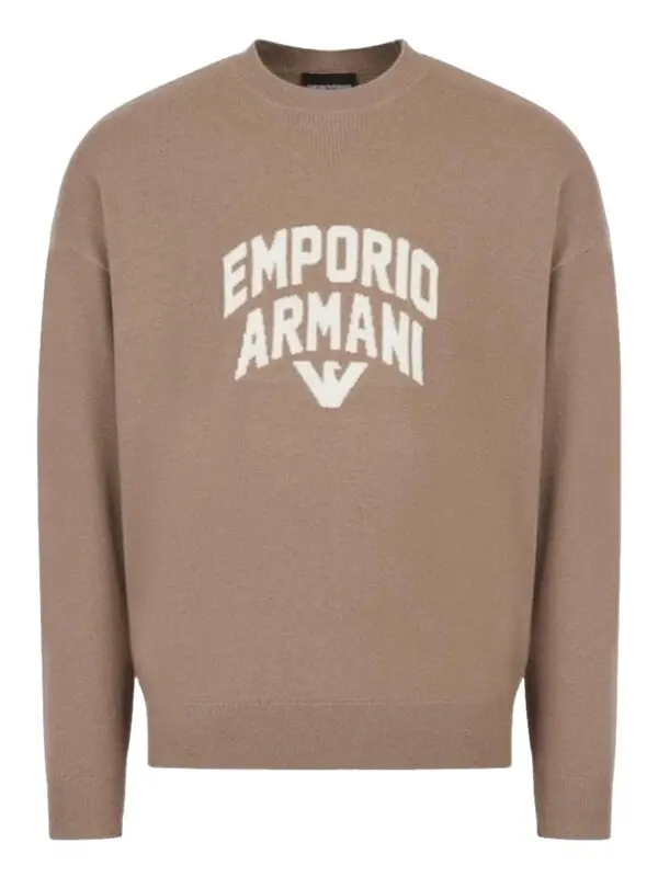 Emporio Armani Logo Round-neck Knitted Wool Sweater - Brown