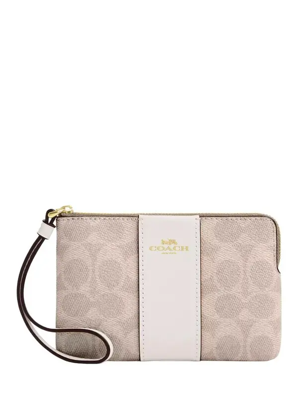 COACH Signature Canvas Wristlet With Stripe Accent - Gold/sand/chalk