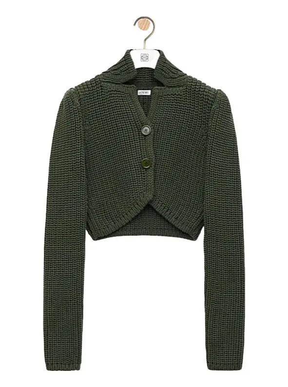 Loewe Cropped Ribbed Technical Knit Cardigan - Khaki Green