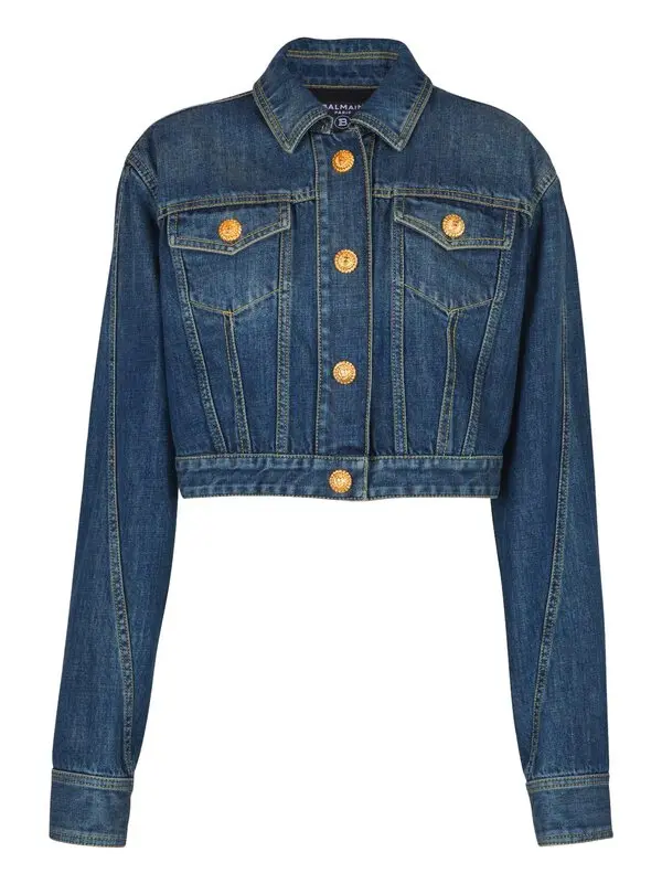 Balmain Cropped Faded Denim Jacket With Snap Cuffs - Blue