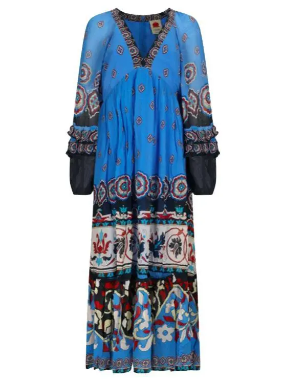 Farm Rio V-neck Maxi Dress With Long Balloon Sleeves And Printed Fabric - Blue