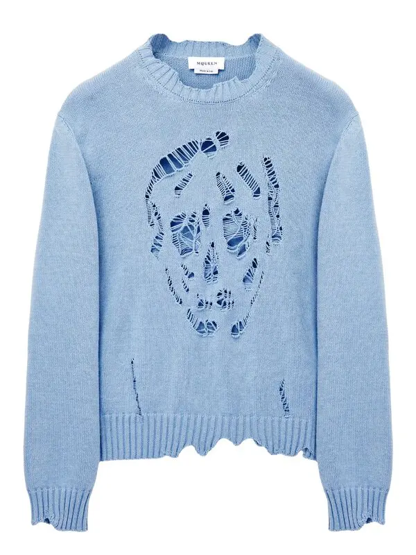 Alexander McQueen Skull Distressed Knit Jumper - Shirt Blue