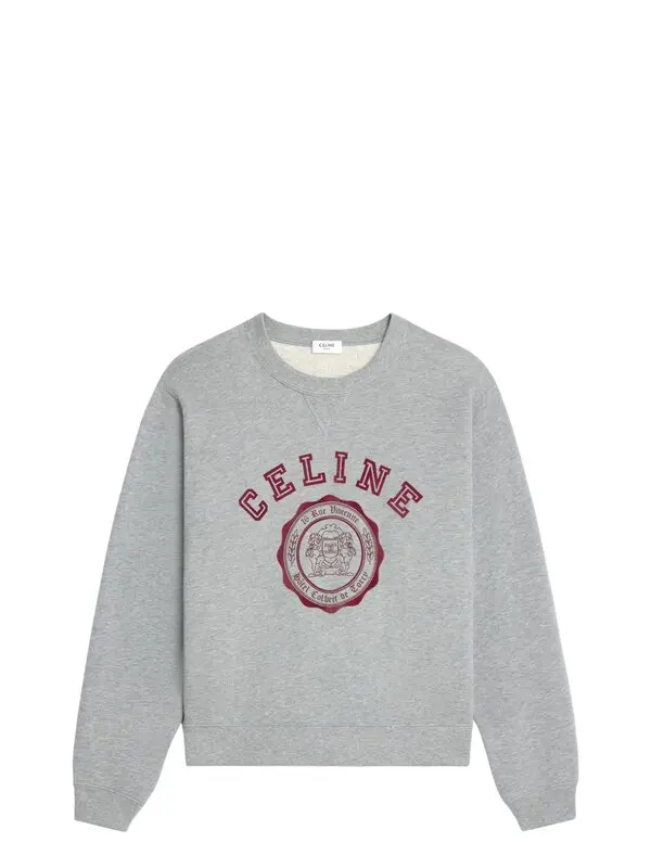 Celine Blason Loose Sweatshirt In Cotton Fleece - Gray Mixed Color/burgundy