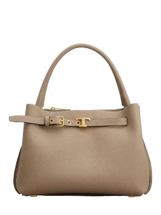 TOD'S T-plaque Belt Detail Calfskin Leather Tote Bag - Beige