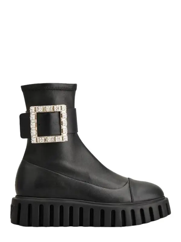 ROGER VIVIER Viv' Go-thick Rhinestone Buckle Stretch Ankle Boots - Black
