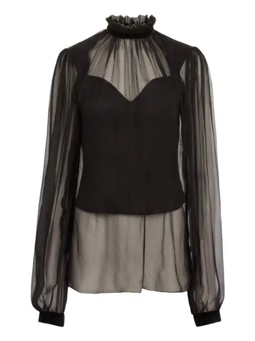 Nina Ricci High Neck Ruffled Long Sleeve Blouse - Black