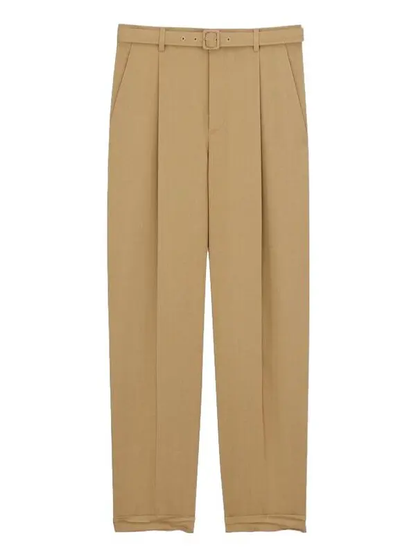 Saint Laurent High Waist Slim Fit Pleated Trousers - Dark Beige