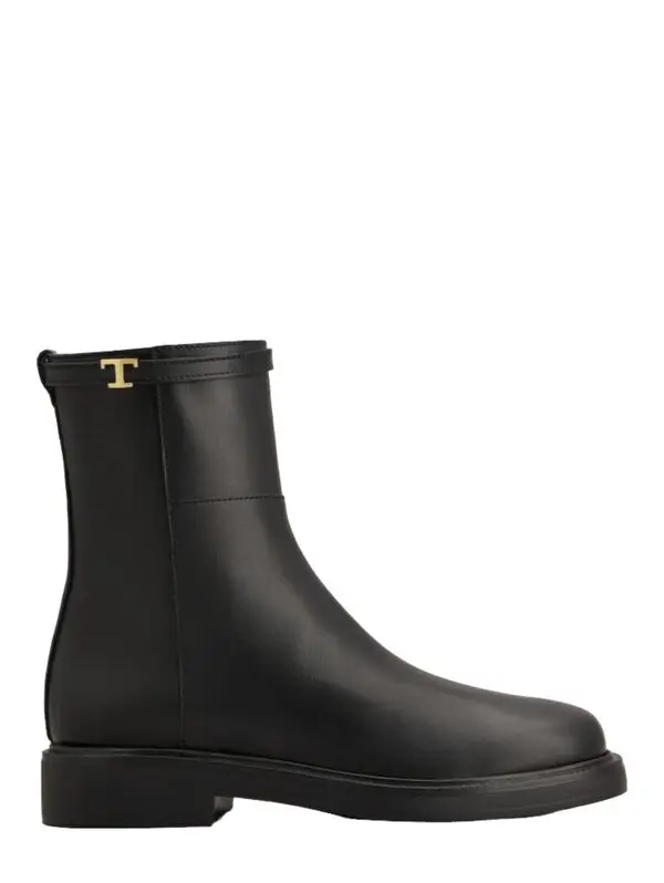 TOD'S Calfskin Leather Ankle Boots With T Timeless Logo Detail - Black