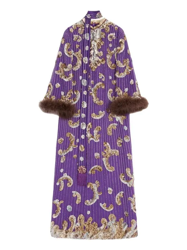 Valentino Garavani Embellished Chiffon Dress With Feathers - Purple