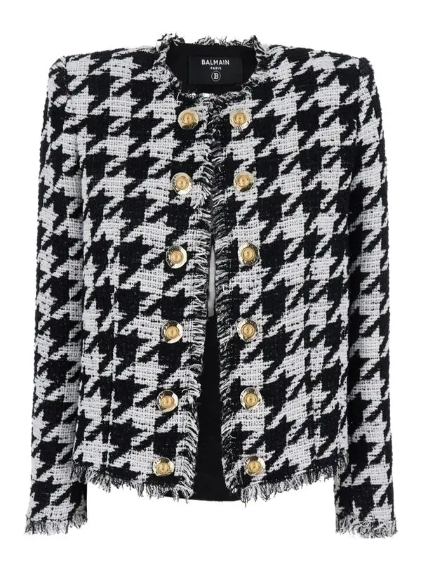 Balmain Houndstooth Tweed Spencer Jacket - Black
