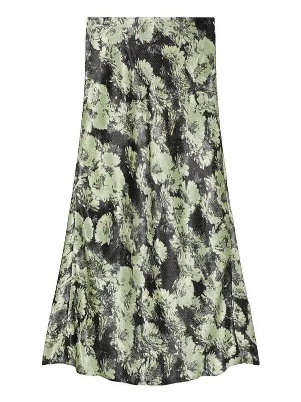 Tory Burch Printed Satin Midi Skirt - Green Pixel Flower