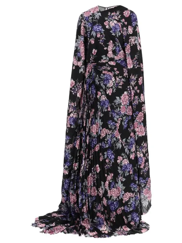 Balenciaga Floral Print Pleated Cape Dress - Black