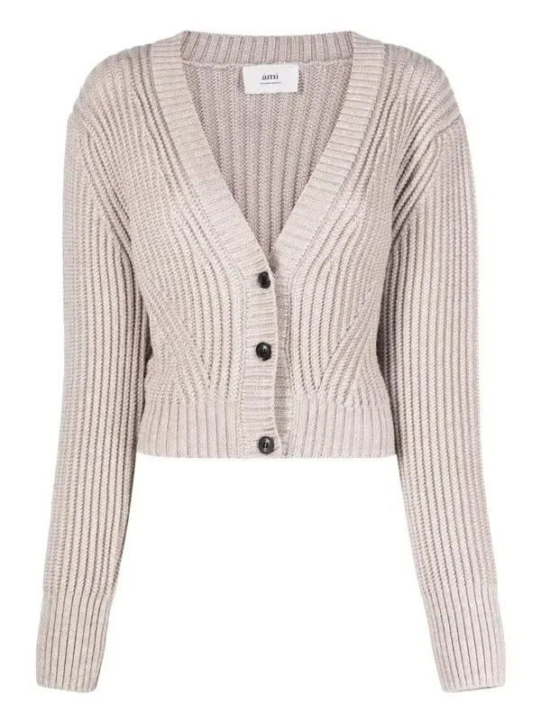Ami Cropped Ribbed-knit V-neck Cardigan - Nude