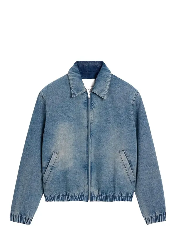 Ami Logo Embossed Zip-up Denim Jacket - Blue