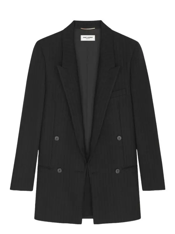 Saint Laurent Double-breasted Oversized Jacket In Striped Wool - Black