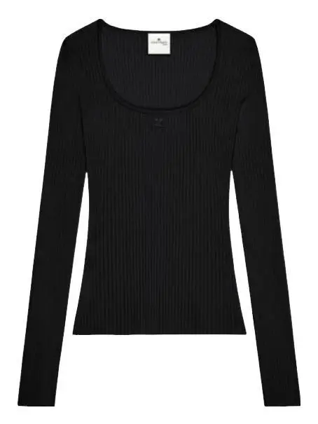 COURREGES Long-sleeve Square-neck Ribbed Jumper With Button Detail - Black