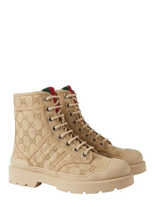 Gucci Monogram Combat Boots - Beige And Dark Brown