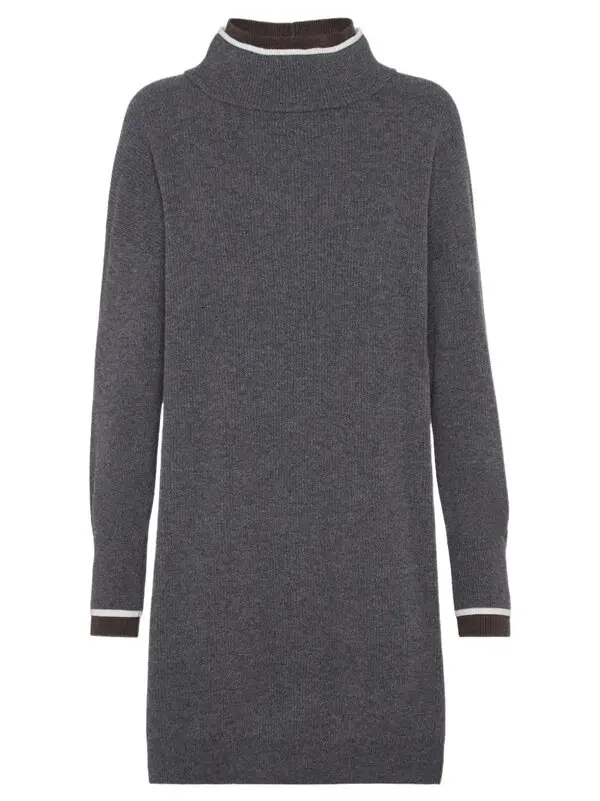 Brunello Cucinelli High Neck Ribbed Mini Dress - Grey