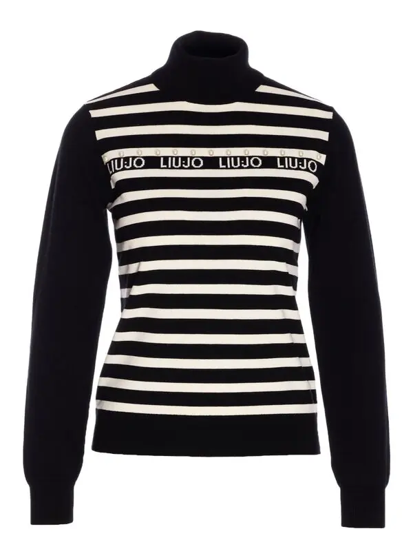 Liu Jo Striped Turtleneck Jumper With Lettering - Black
