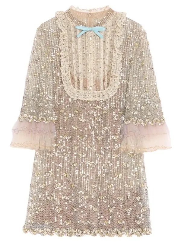 Valentino Garavani Embellished Three-quarter Sleeve Dress - Nude