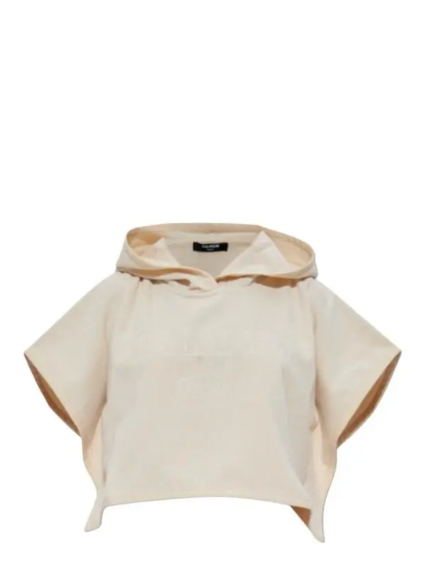 Balmain Hooded Cloak With Short Sleeves And Branded Detailing - Cream