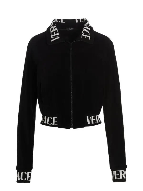 Versace Logo Intarsia Cropped Velvet Sweatshirt - Black
