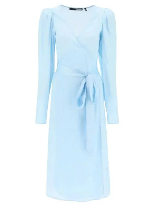 ROTATE BY BIRGER CHRISTENSEN Textured Midi Wrap Dress With Bubble Sleeves - Blue