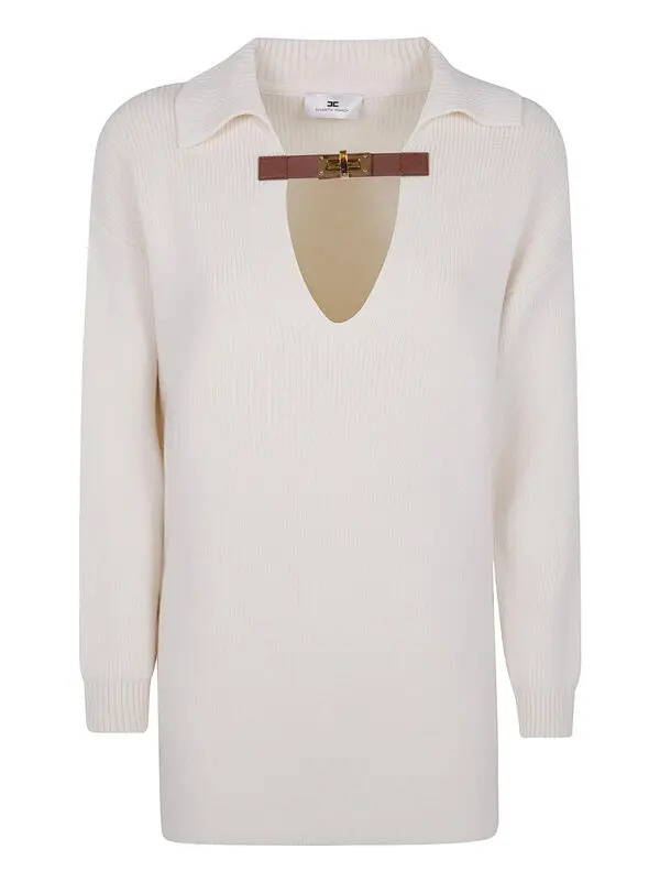 Elisabetta Franchi Ribbed Knit Sweater With Collar Detail - Milk
