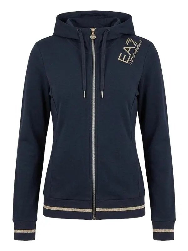 EA7 Hooded Zip-up Casual Coat With Logo Detail - Black