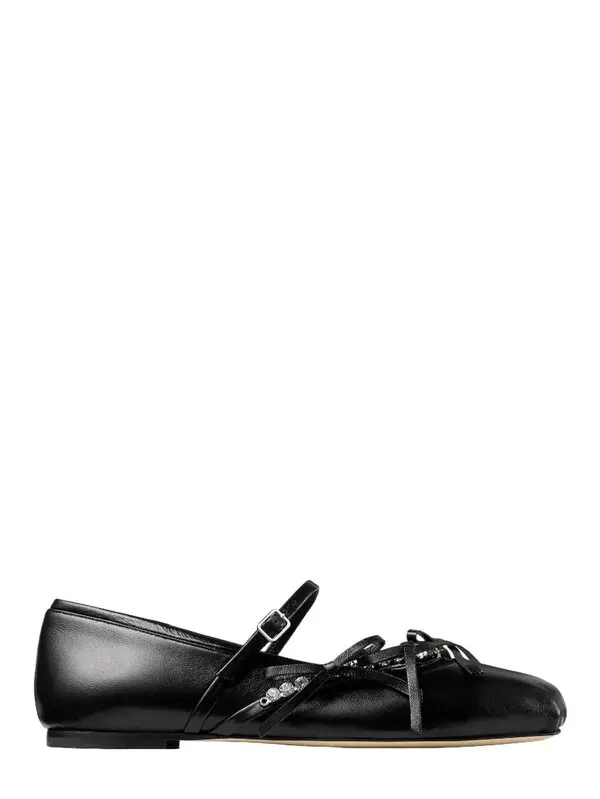 JIMMY CHOO Leather Ballerina Flats With Crystal Embellishments And Bow Detailing - Black