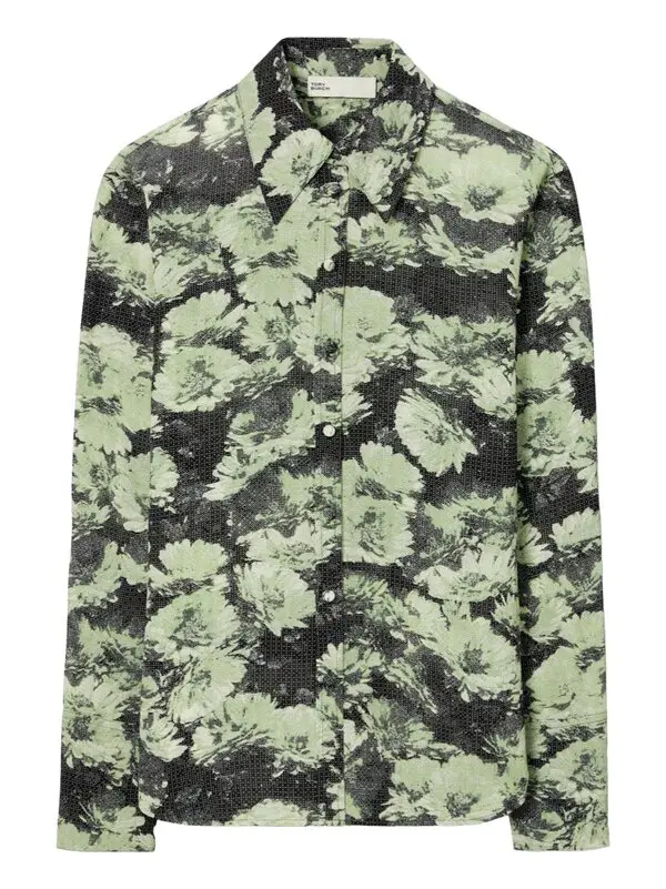 Tory Burch Printed Shirt - Green Pixel Flower