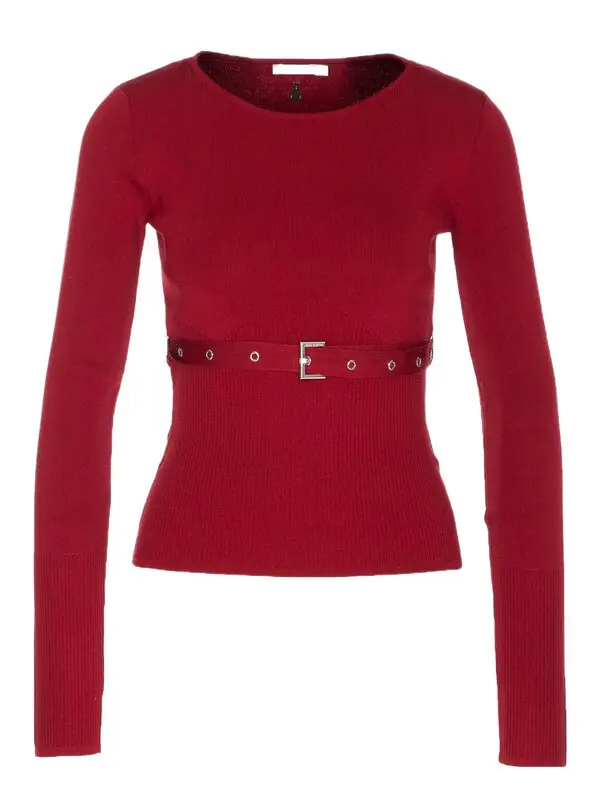 Patrizia Pepe Belted Cropped Crewneck Sweater - Red