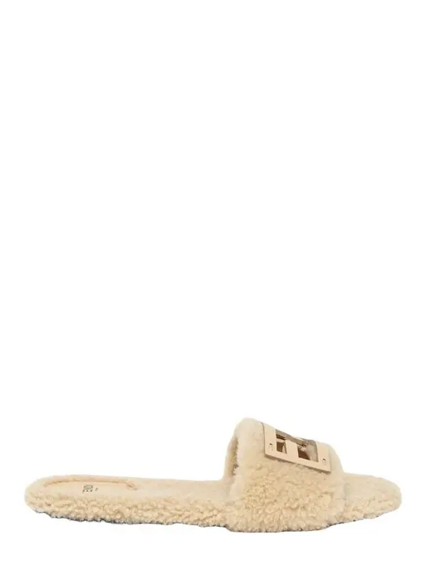 Fendi Sheepskin Ff Baguette Pattern Slides - Beige