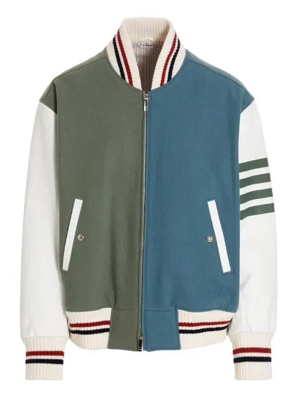 Thom Browne Color-block Wool Bomber Jacket With Dog Trim - Navy Blue
