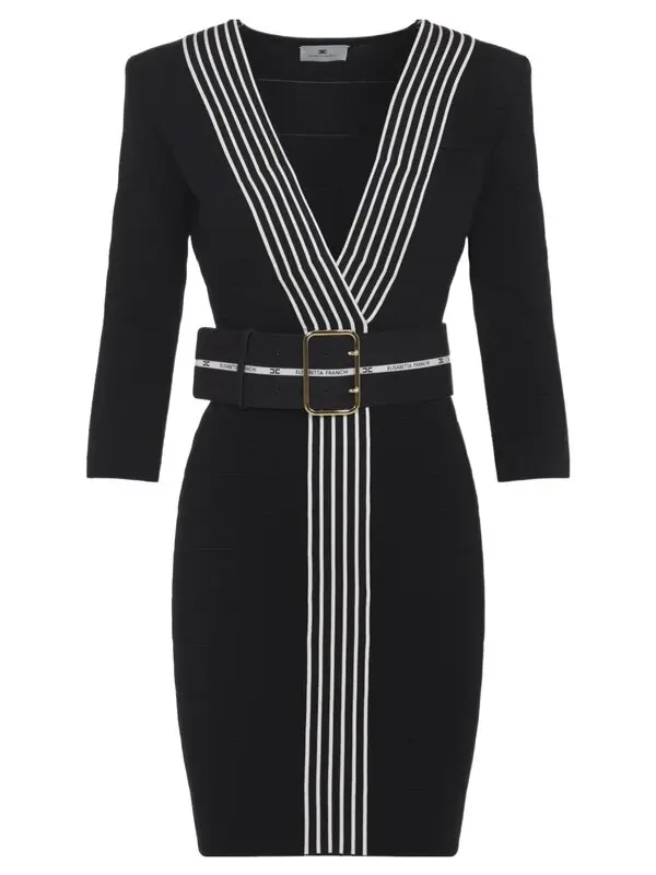 Elisabetta Franchi Black Knit Dress With Striped Bands And Belt - Black Butter