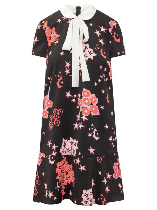 Red Valentino Floral Printed Dress With Peter Pan Collar - Black