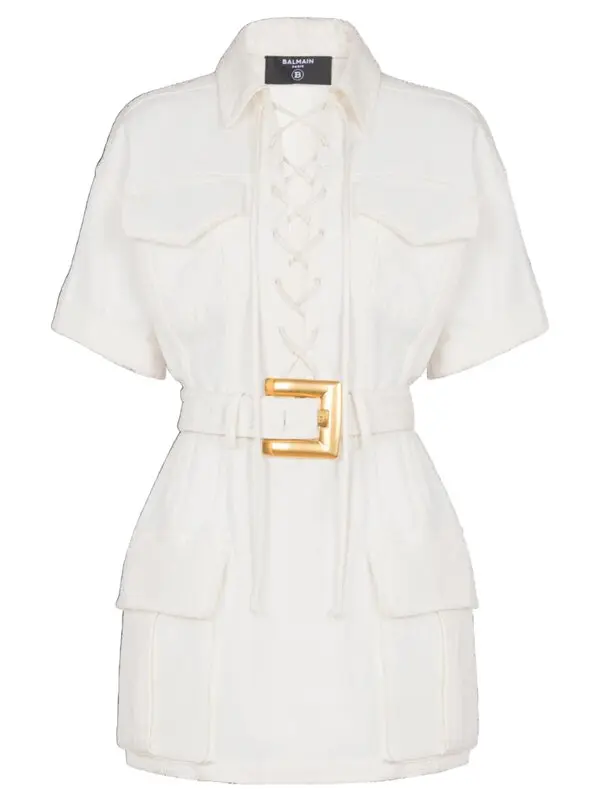 Balmain Short Lace-up Utility Dress With Belt - White