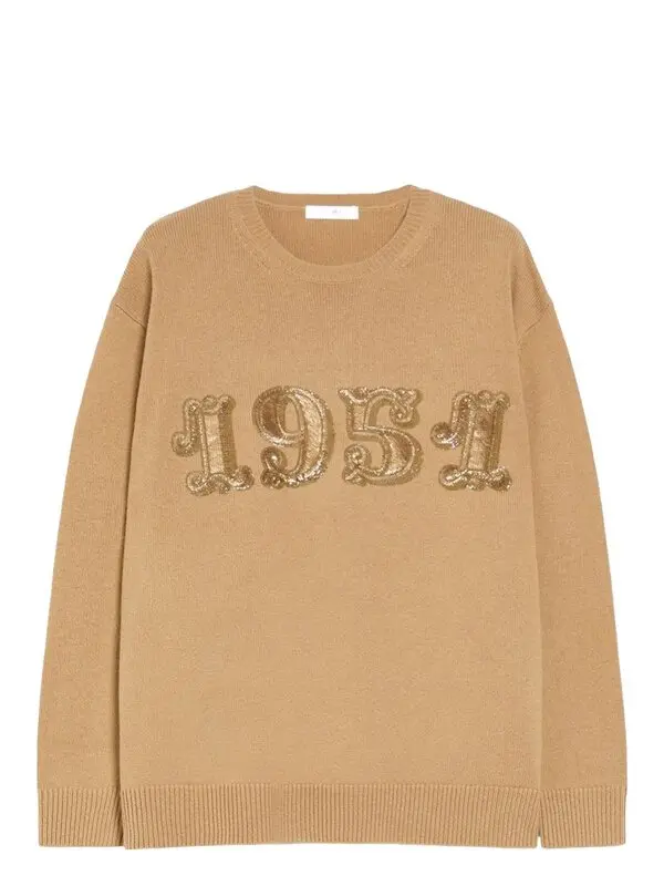 Max Mara Crewneck Jumper With Embellished Logo - Camel