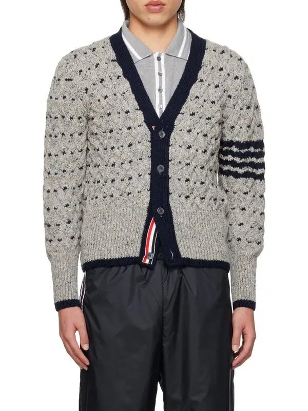 Thom Browne V-neck Knitted Cardigan With Signature Striping - Light Gray
