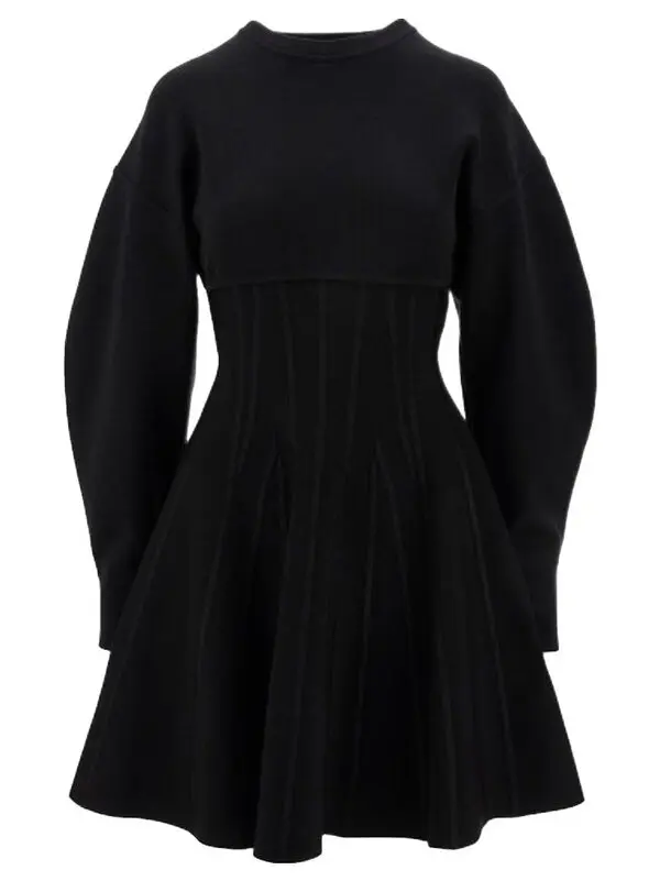 Alexander McQueen Long Sleeved Crewneck Mini Dress - Black