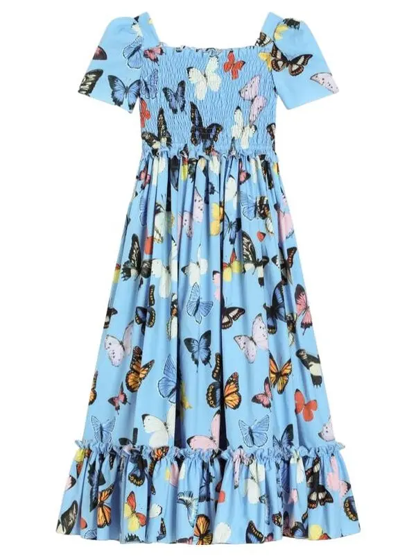 Dolce & Gabbana Butterfly Print Smocked Bodice Dress - Light Blue